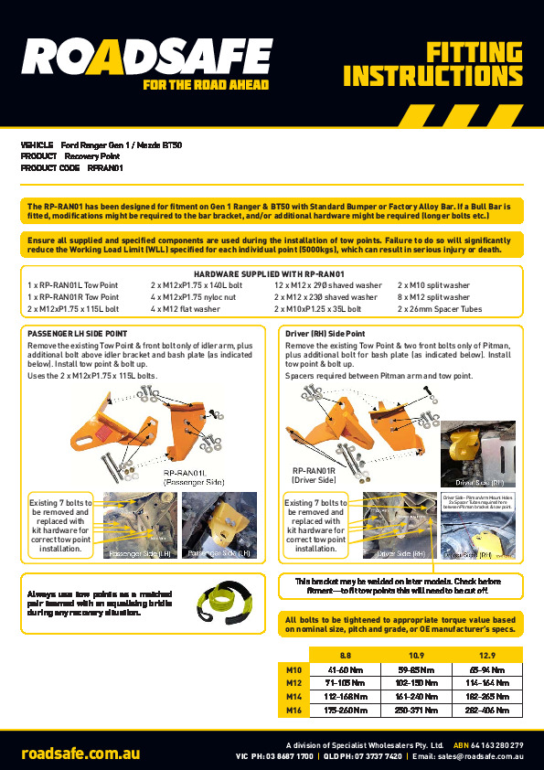 Roadsafe Recovery Points To Suit Gen 1 Mazda BT-50